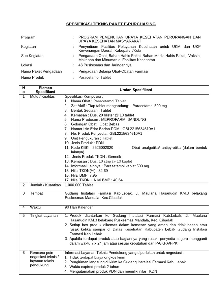 Spesifikasi Teknis E-Purchasing PARASETAMOL KAPLET 500 MG | PDF