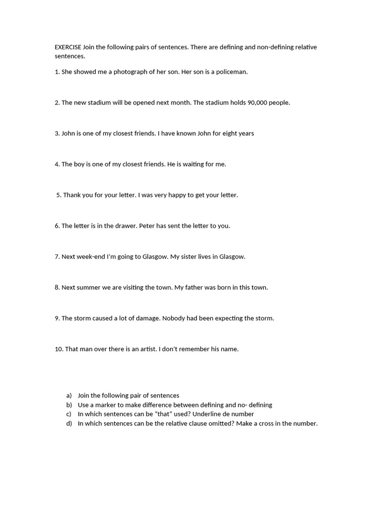 EXERCISE Join the following pairs of sentences | PDF