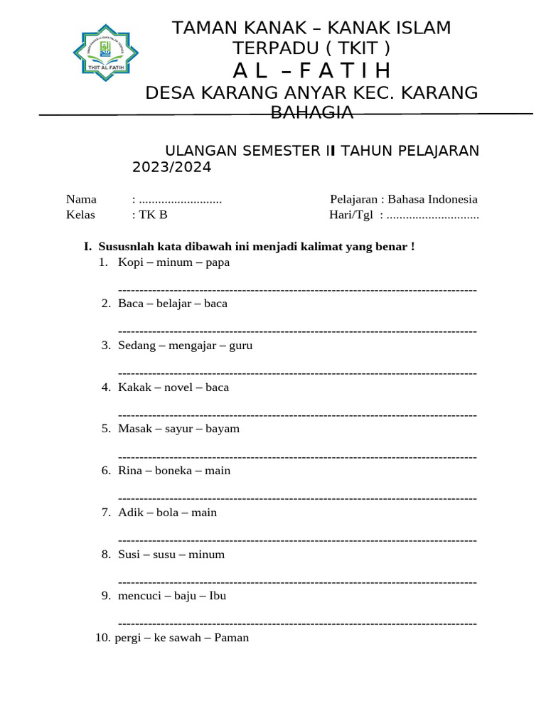 SOAL TK Semester 2 | PDF
