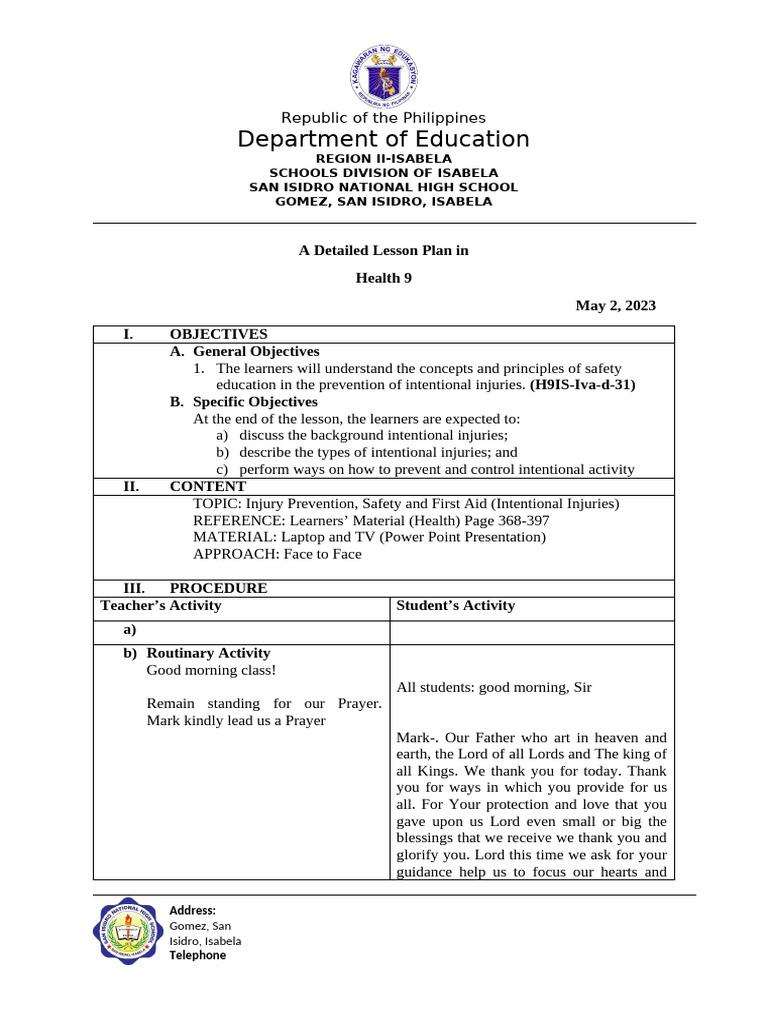 Lesson Plan for Intentional Injuries (Self-Inflicted) May 02, 2023 | PDF