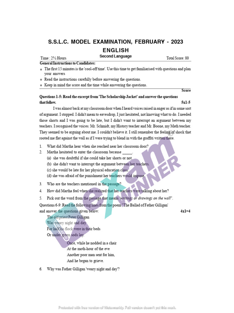 SSLC ENGLISH MODEL QP 2023 (1) | PDF