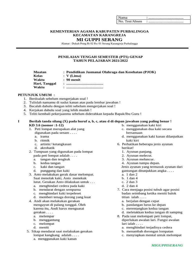 7. Soal Pts 2 Mapel Pjok Kelas 5(1) | PDF