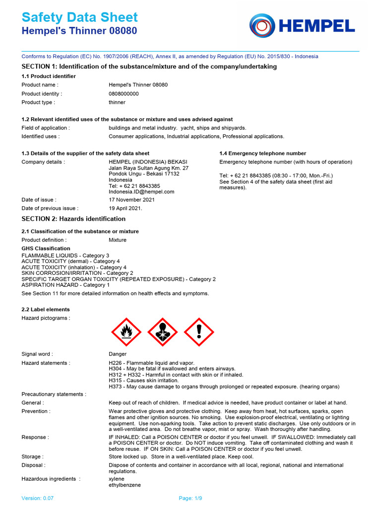 MSDS Thiner Hempel | PDF