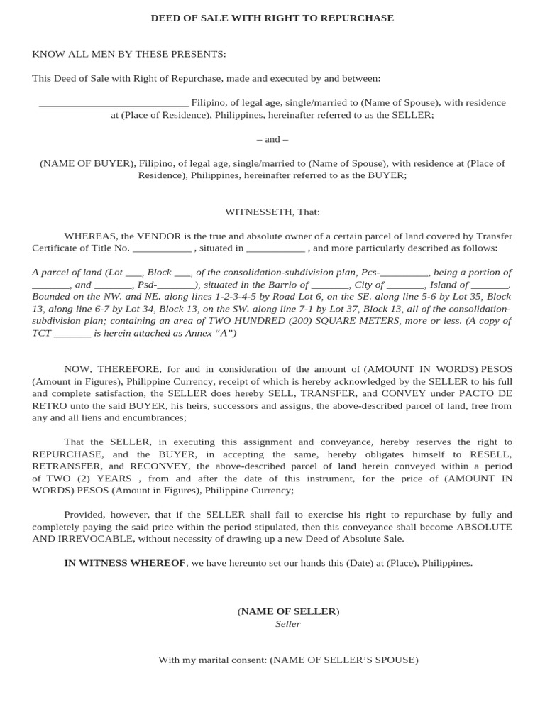 DEED OF SALE WITH RIGHT TO REPURCHASE | PDF