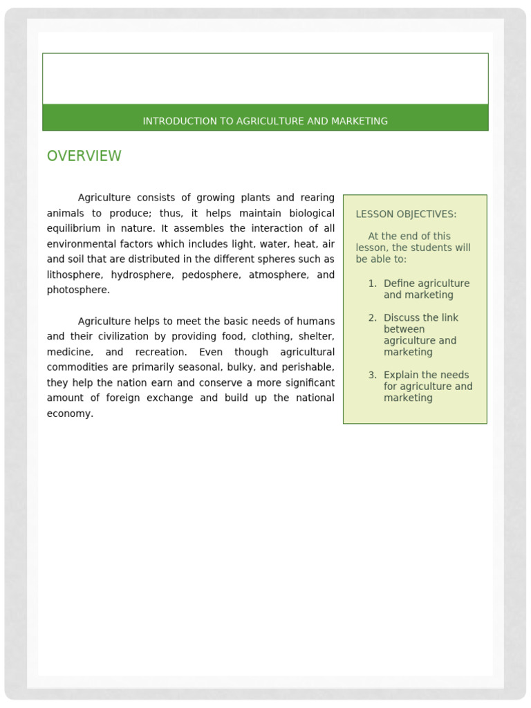 Unit 1 - Introduction To Agriculture and Marketing | PDF