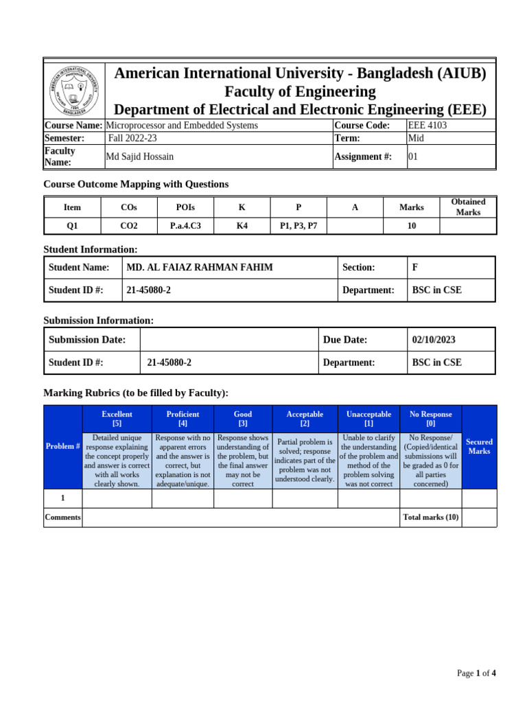 21 45080 2 - MD. AL FAiAZ RAHMAN FAHIM - Sec F Assignment 1 | PDF