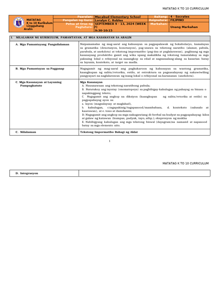 DLL Matatag - Filipino 4 Q1 W7 | PDF