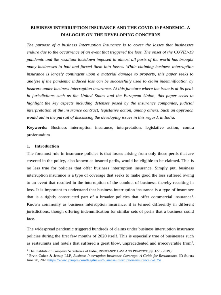 Business Interruption Insurance and The Covid-19 Pandemic-A Dialogue On ...