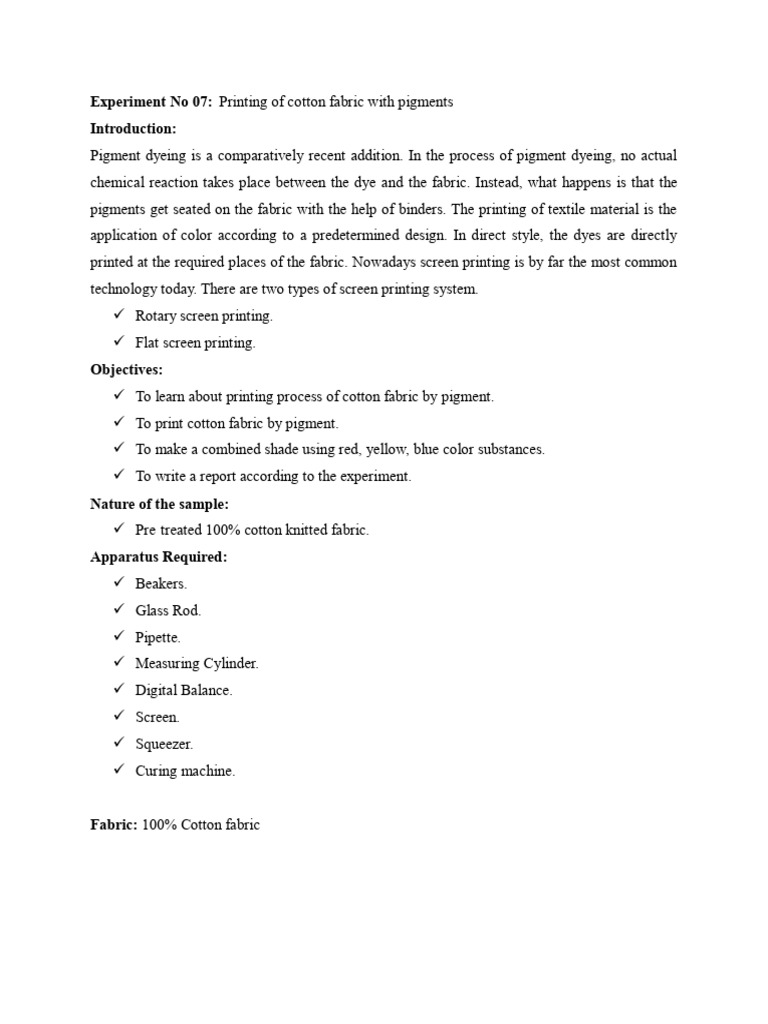 Experiment No 07 Printing of Cotton Fabric With Pigments | PDF