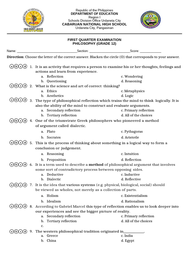 PHILO - 1st Quarter Exam 2023-2024 | PDF