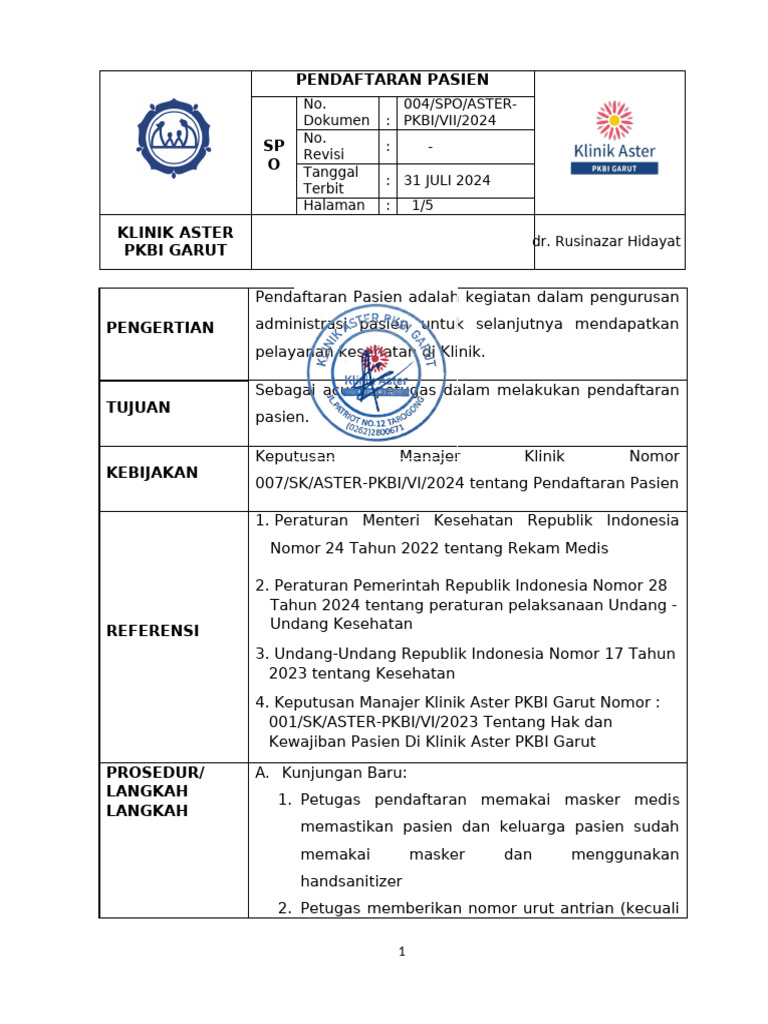 3.3.1 SPO PENDAFTARAN PASIEN Final | PDF
