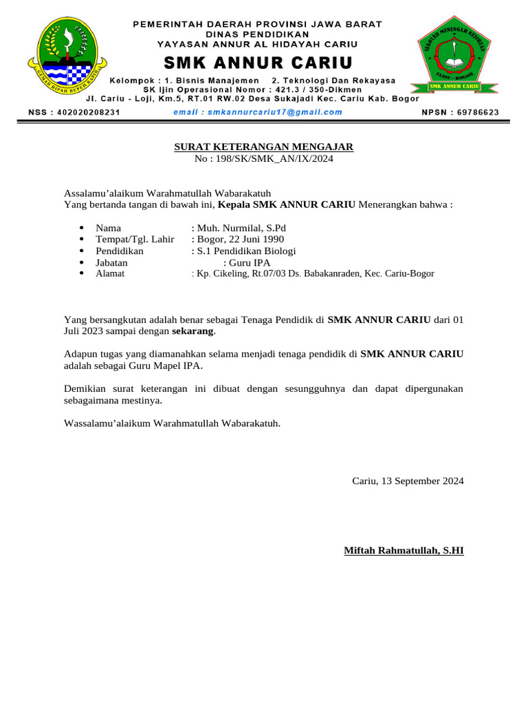 Contoh SK Pengangkatan, Suket Mengajar, Dan Izin Belajar (4) (1) | PDF