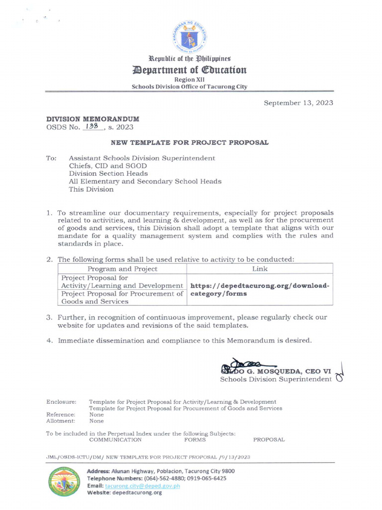 DM OSDS No. 138 S. 2023 New Template For Project Proposal | PDF