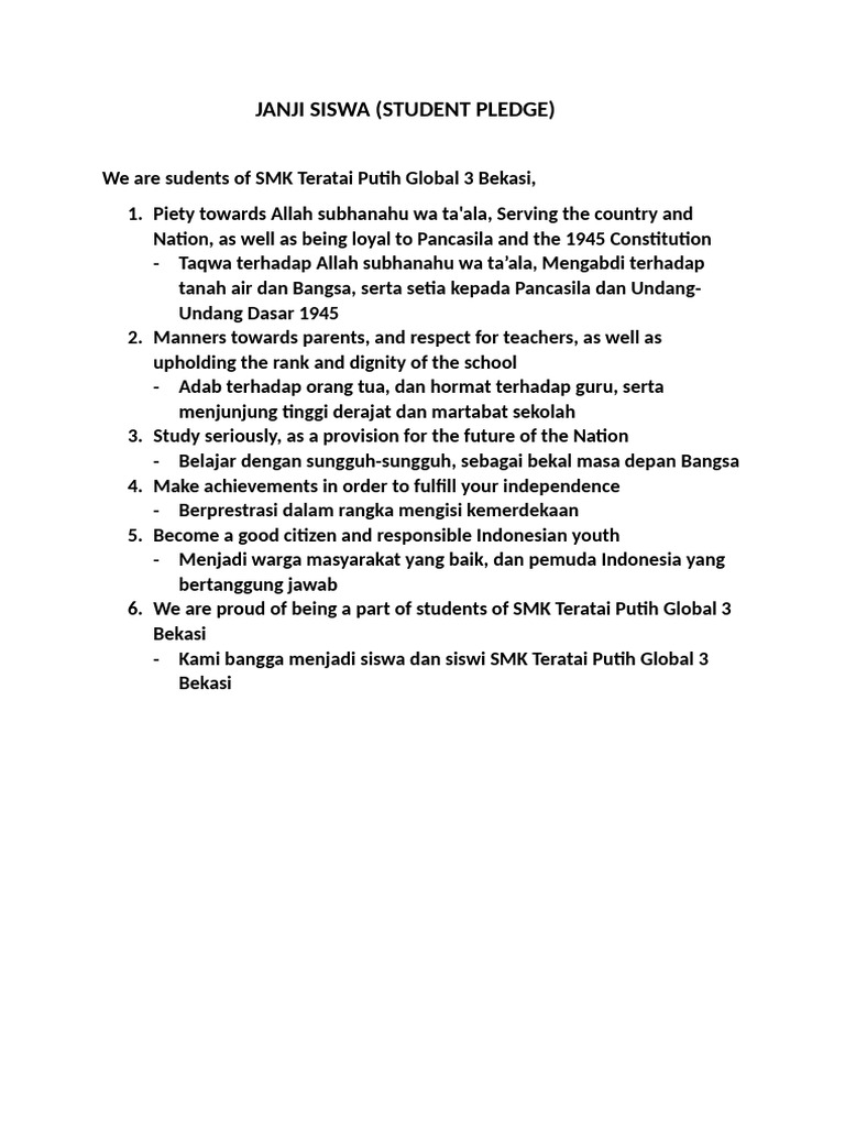 JANJI SISWA STUDENT PLEDGE SMK TPG 3 | PDF