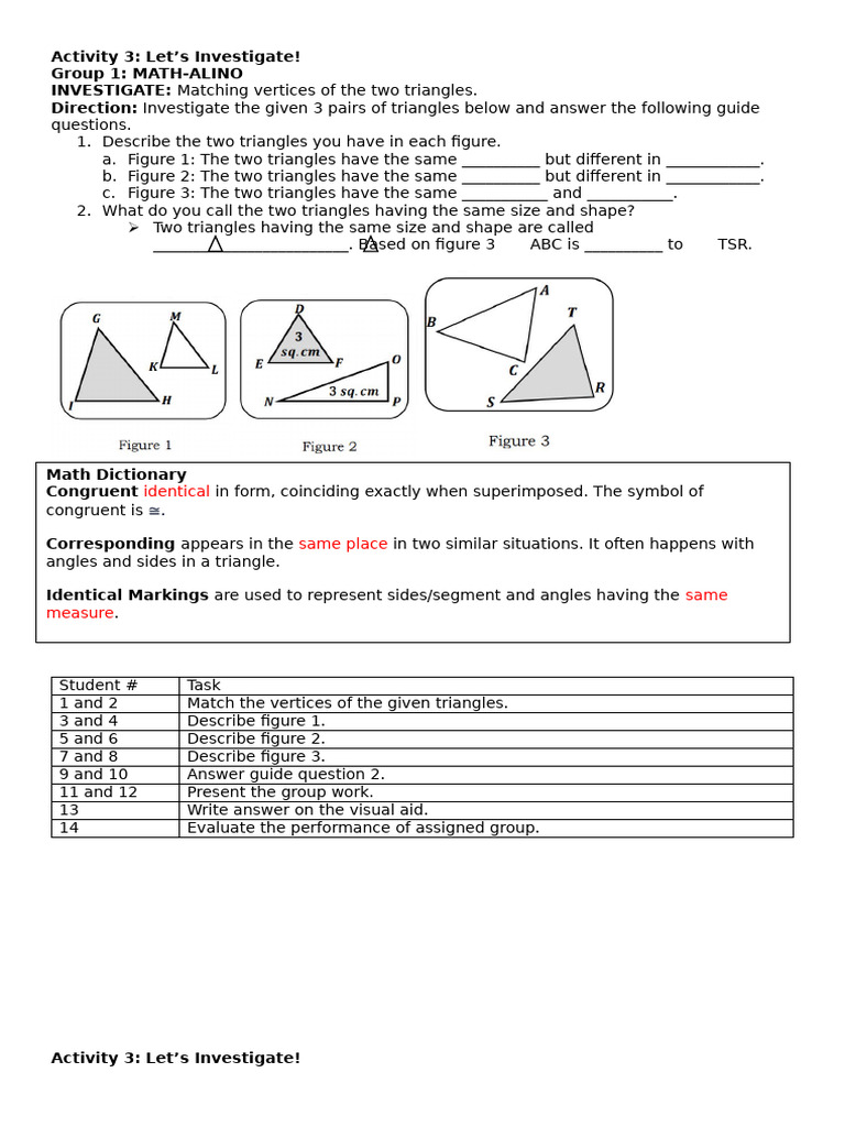 Activity Sheet Congruent Triangles | PDF