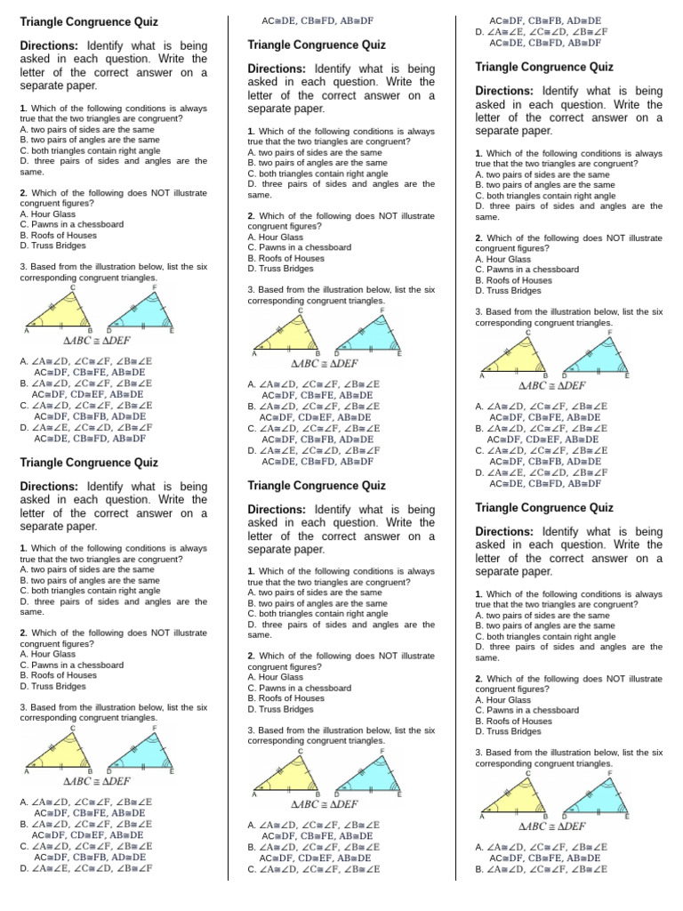 Triangle Congruence Quiz Questions | PDF | Triangle | Euclidean Geometry