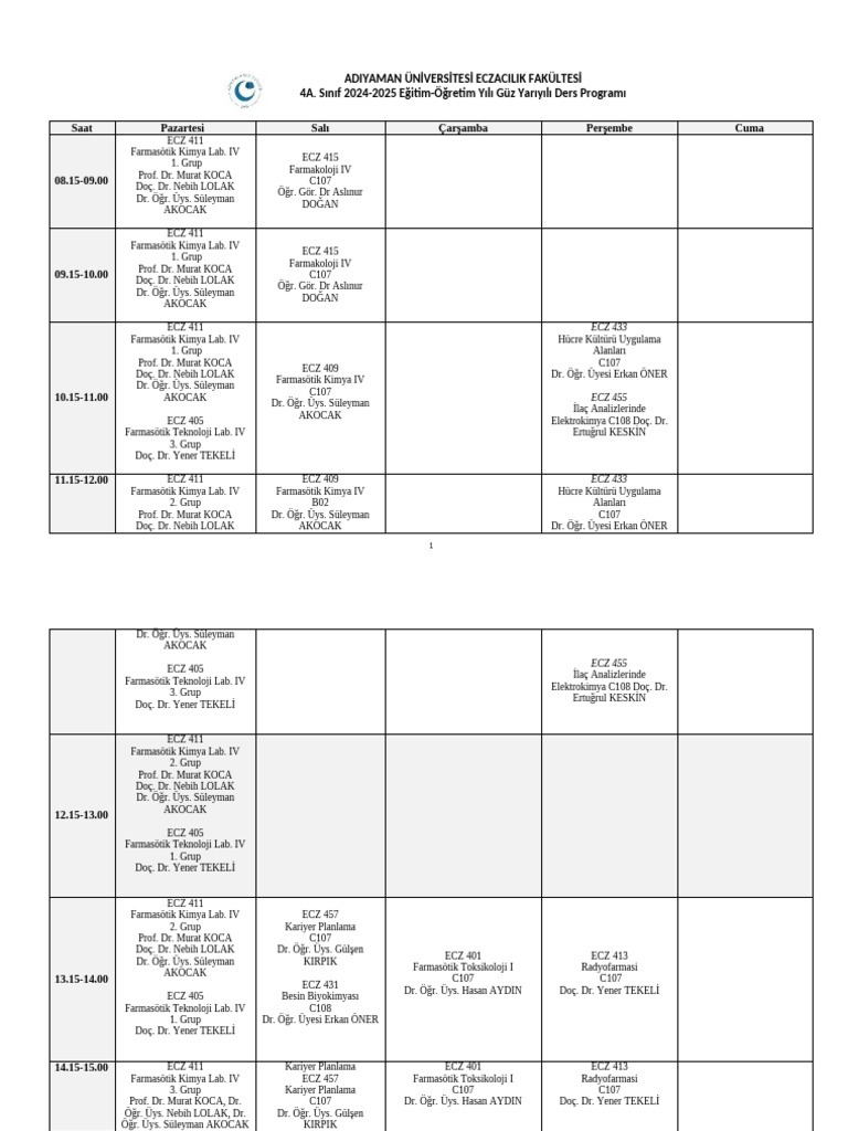 Sinif Ders Programi 2024-2025 Guz Donemi | PDF