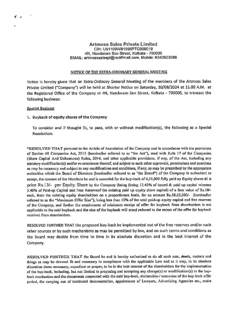 Artmoss - Notice Explanatory Statement With Special Resolution - 0001 - Compressed | PDF