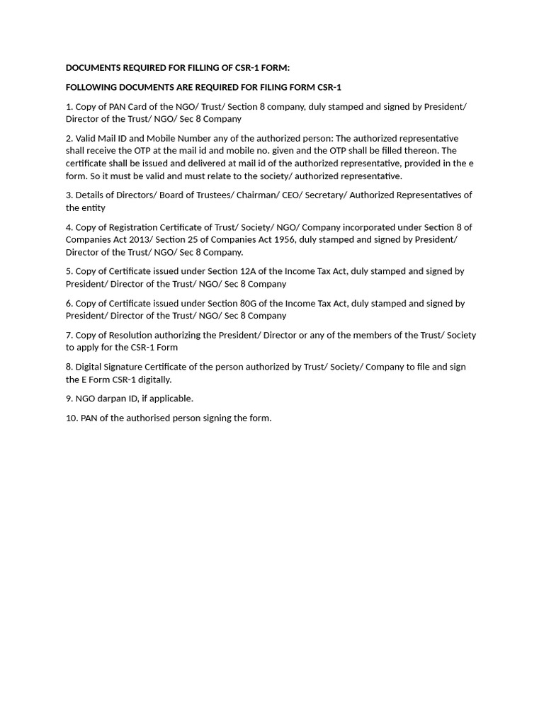 DOCUMENTS REQUIRED FOR FILLING OF CSR-1 TRUST &NGO | PDF
