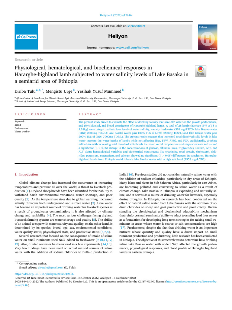 Physiological, Hematological, and Biochemical Responses in Hararghe ...