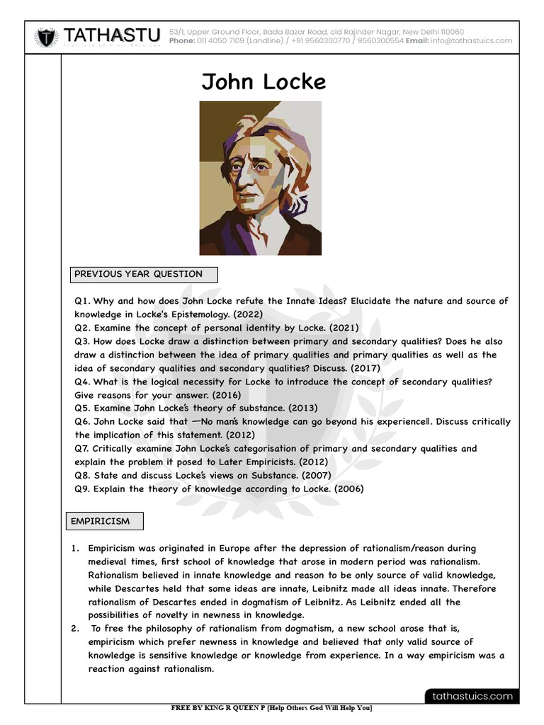 John Locke Notes2024 Philosophy TanuJain KING R QUEEN P | PDF