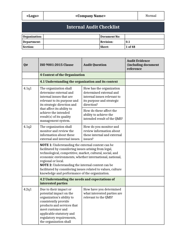 Internal Audit Checklist Word | PDF