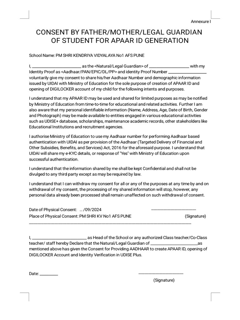 Updated Annexure I - Parent Consent APAAR ID | PDF | Justice | Finance ...