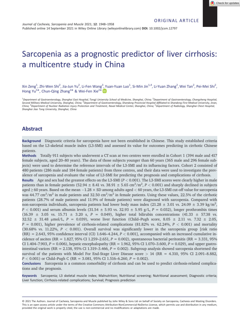 J Cachexia Sarcopenia Muscle - 2021 - Zeng - Sarcopenia As A Prognostic ...