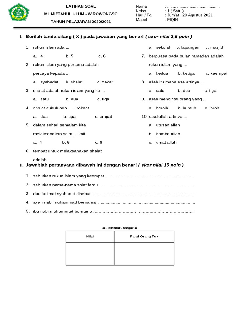 Latihan Soal FIQIH Kls 1 | PDF