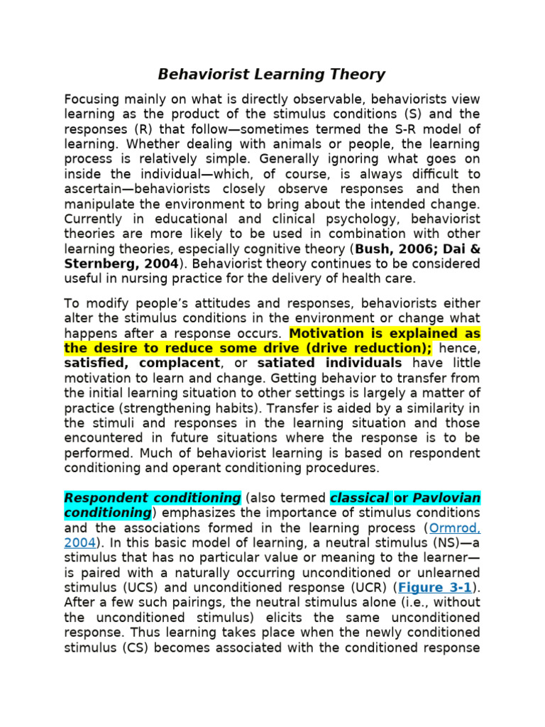 Behaviorist Learning Theory | PDF
