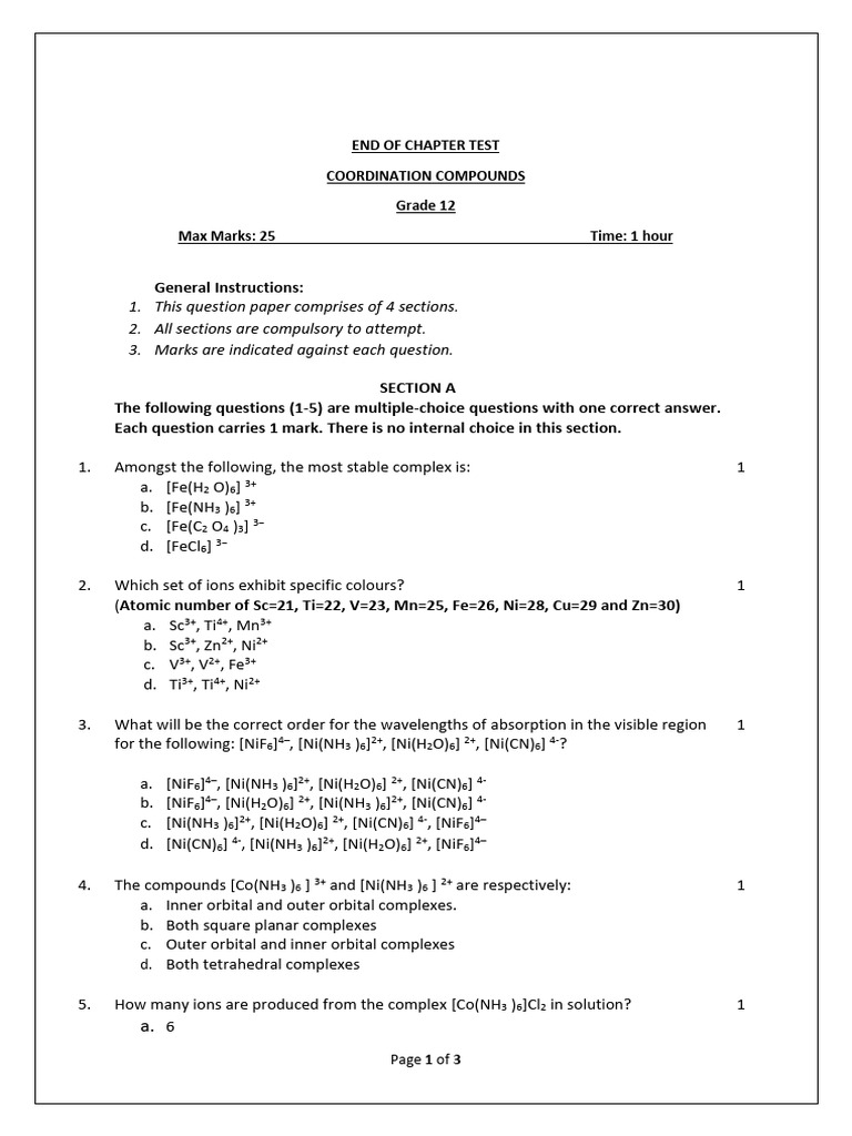 Coordination Compounds-Chapter End Test | PDF