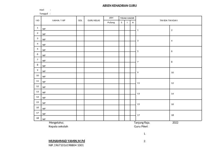 Contoh Absen Kehadiran Guru SDN 16 | PDF