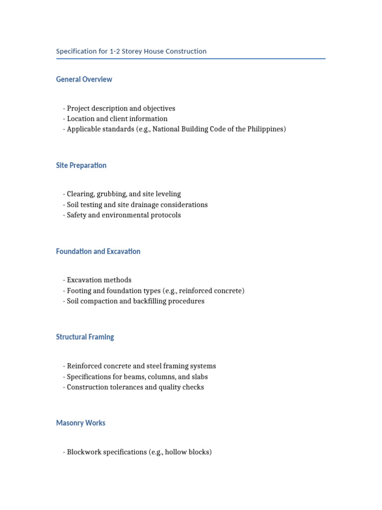 Specification For 1-2 Storey House Construction | PDF