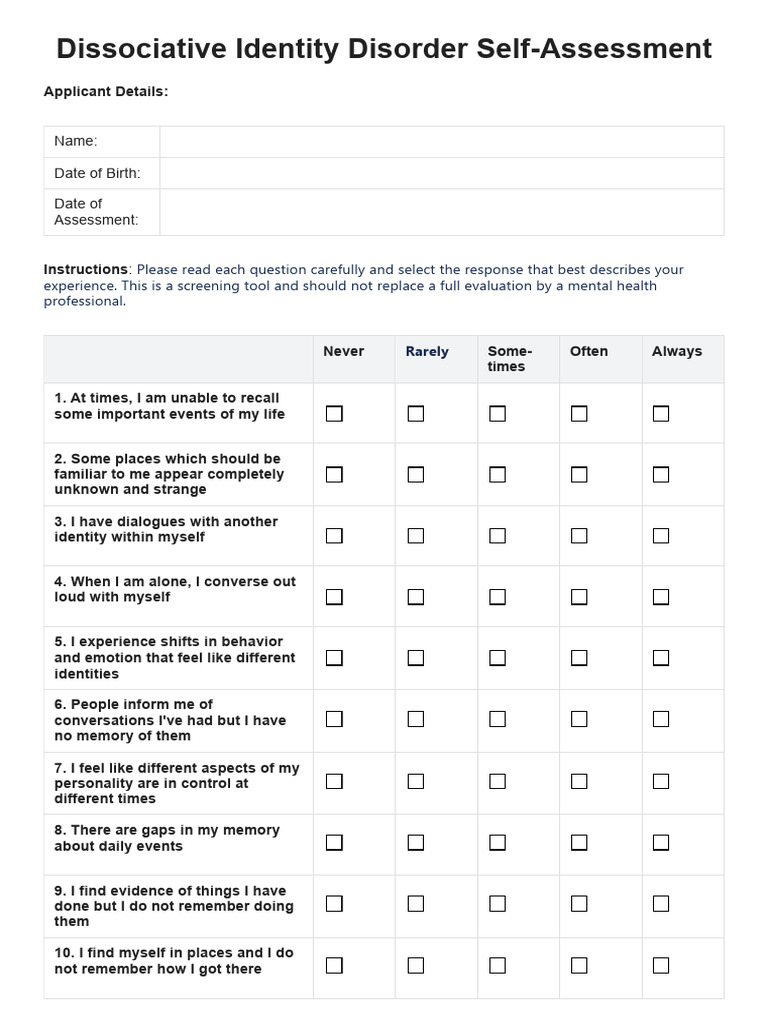 Dissociative Identity Disorder Test | PDF