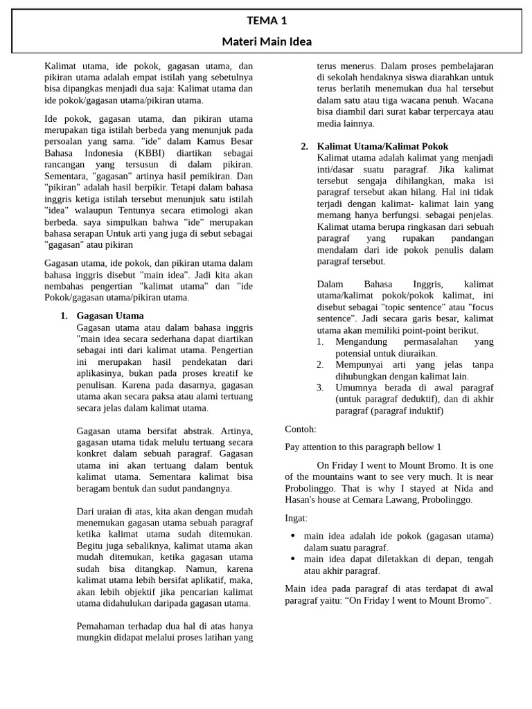 Tema 1 Materi Main Idea | PDF