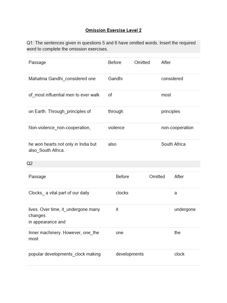 Omission Exercise Level 2 | PDF