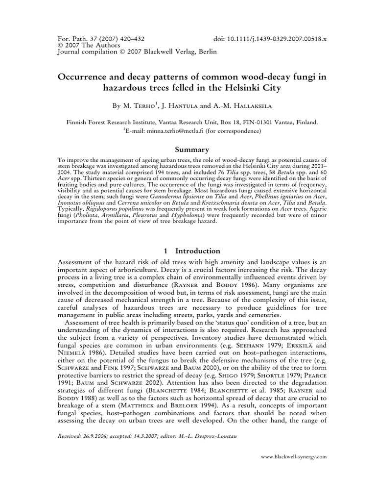 Forest Pathology - 2007 - Terho - Occurrence and decay patterns of common wood‐decay fungi in ...