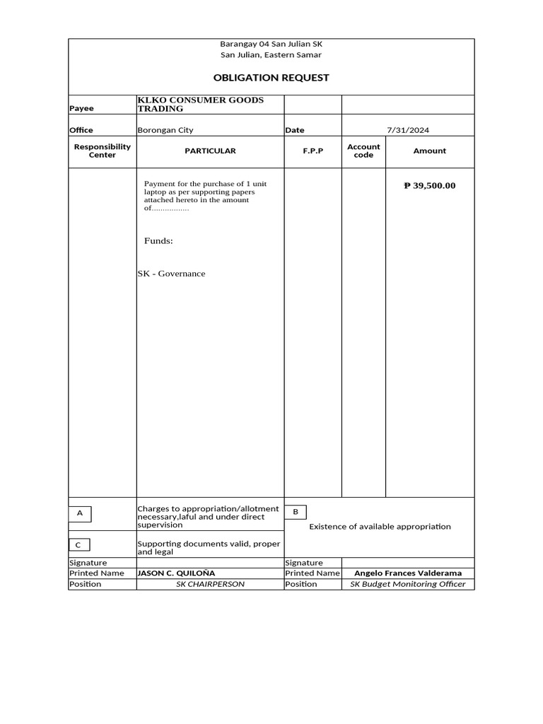 Obligation Request: Payee Office Date Particular F.P.P Amount Responsibility Center Account Code ...