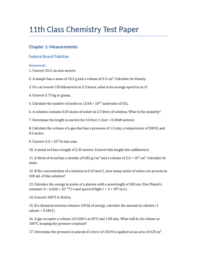 11th Class Chemistry Test Paper Chapter 1 Measurements | PDF