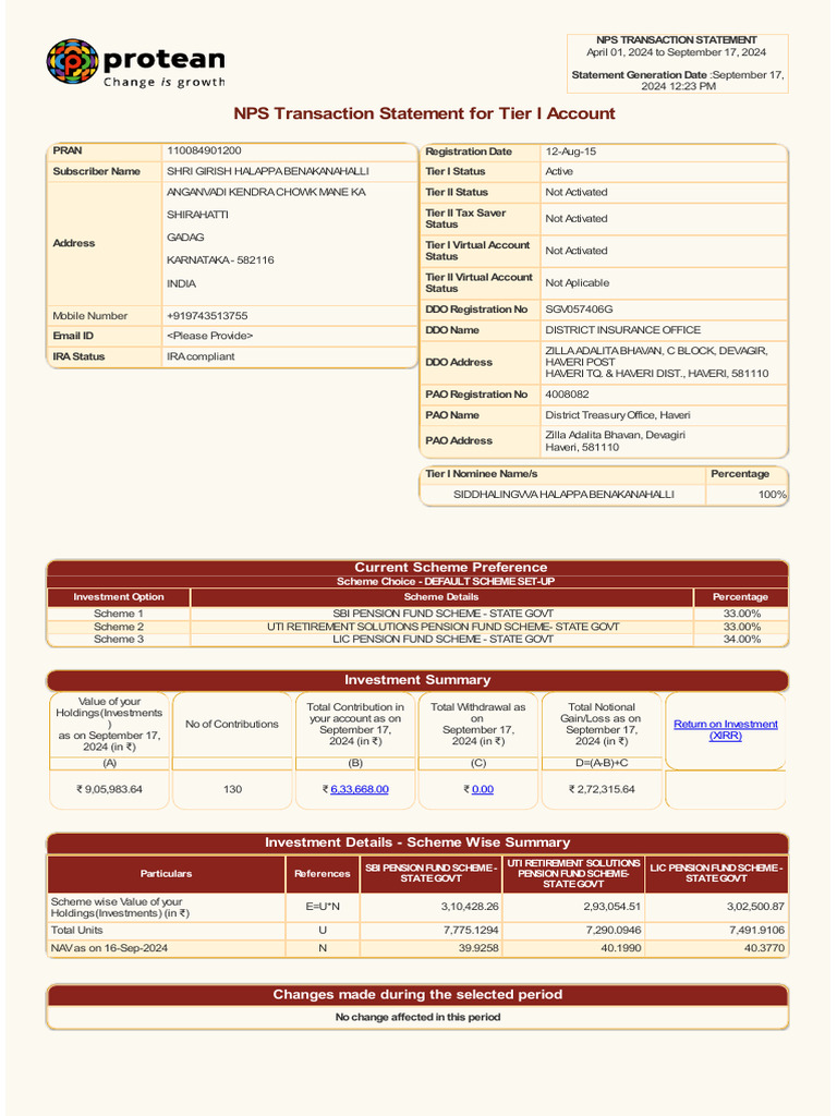 NPS Transaction Statement For Tier I Account: Current Scheme Preference ...