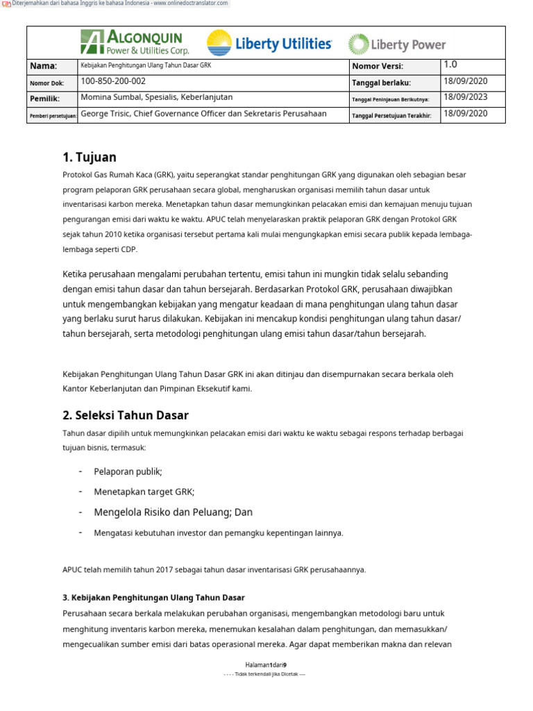 APUC GHG Base Year Recalculation Policy - 09 23 2020.en - Id | PDF