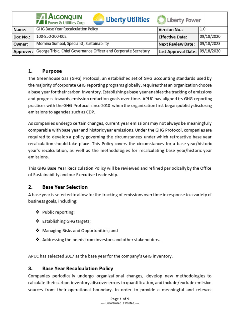 APUC GHG Base Year Recalculation Policy - 09 23 2020 | PDF