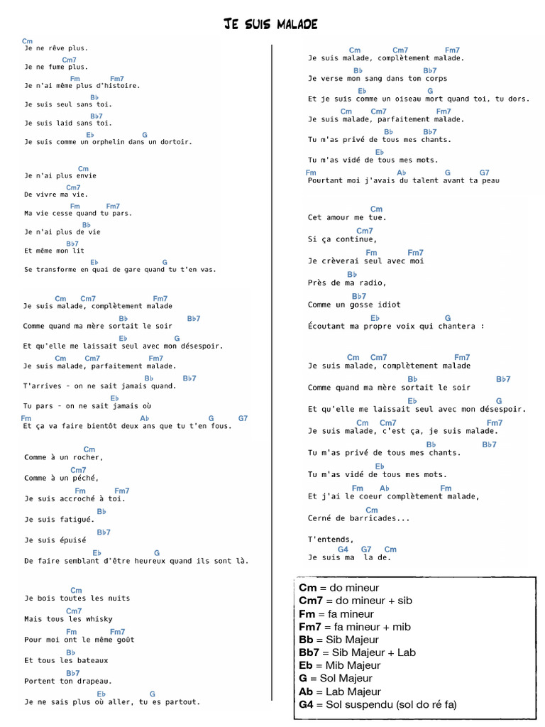 Je Suis Malade Ave Grille D'accords | PDF