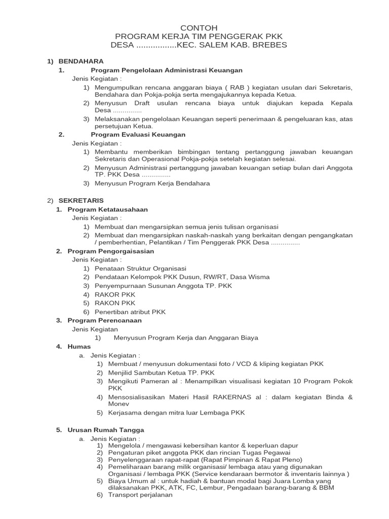 Program Kerja Tim Penggerak PKK Desa | PDF
