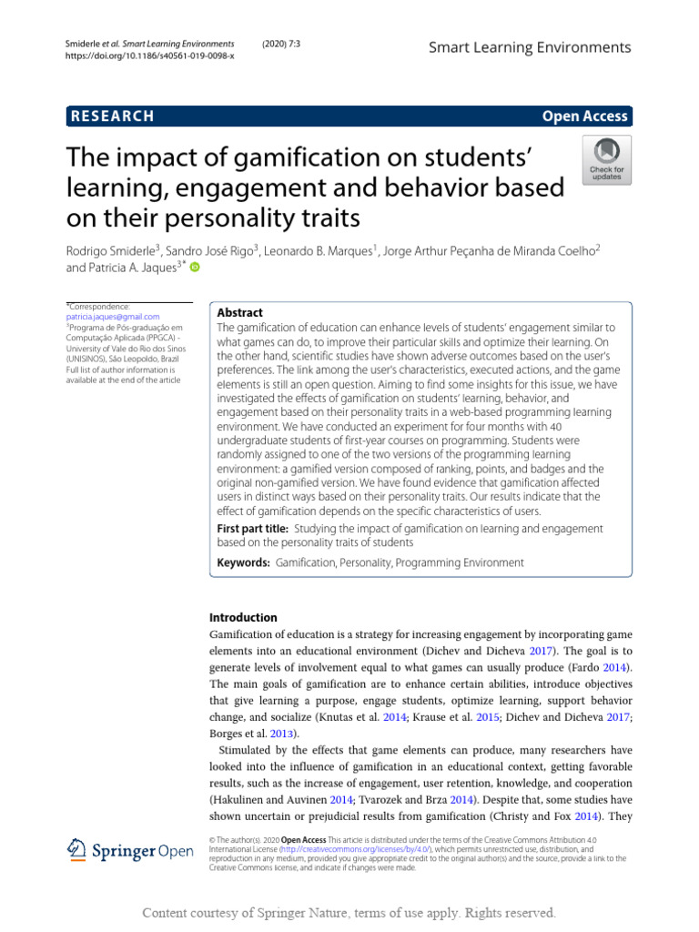 The Impact of Gamification On Students' Learning, Engagement and Behavior Based On Their ...