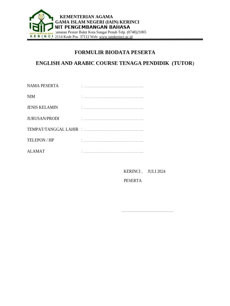 Formulir Biodata Peserta Arabic | PDF