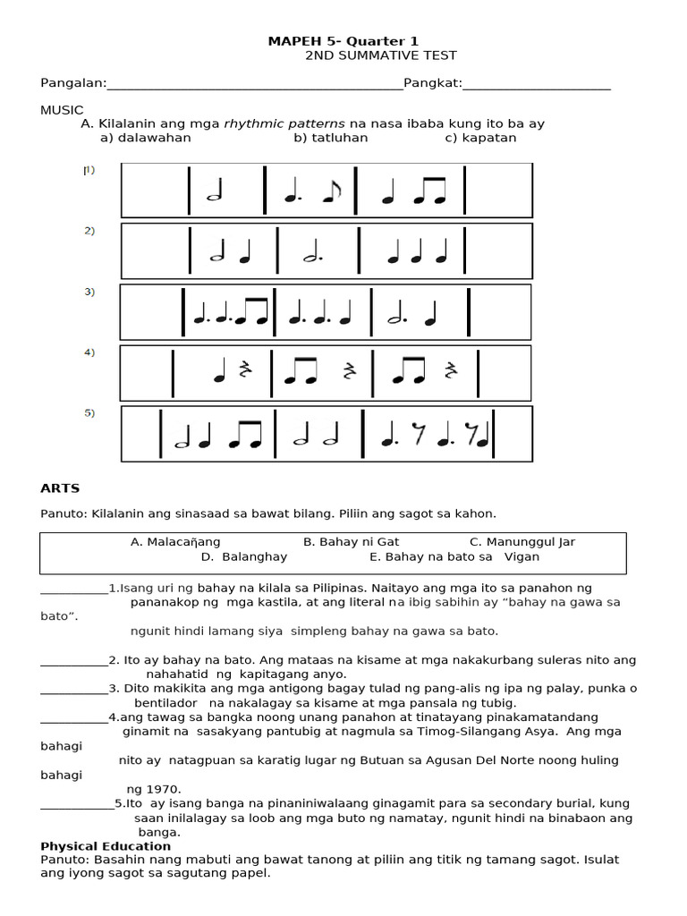 Mapeh 5-ST2 - Q1 | PDF | Philippines