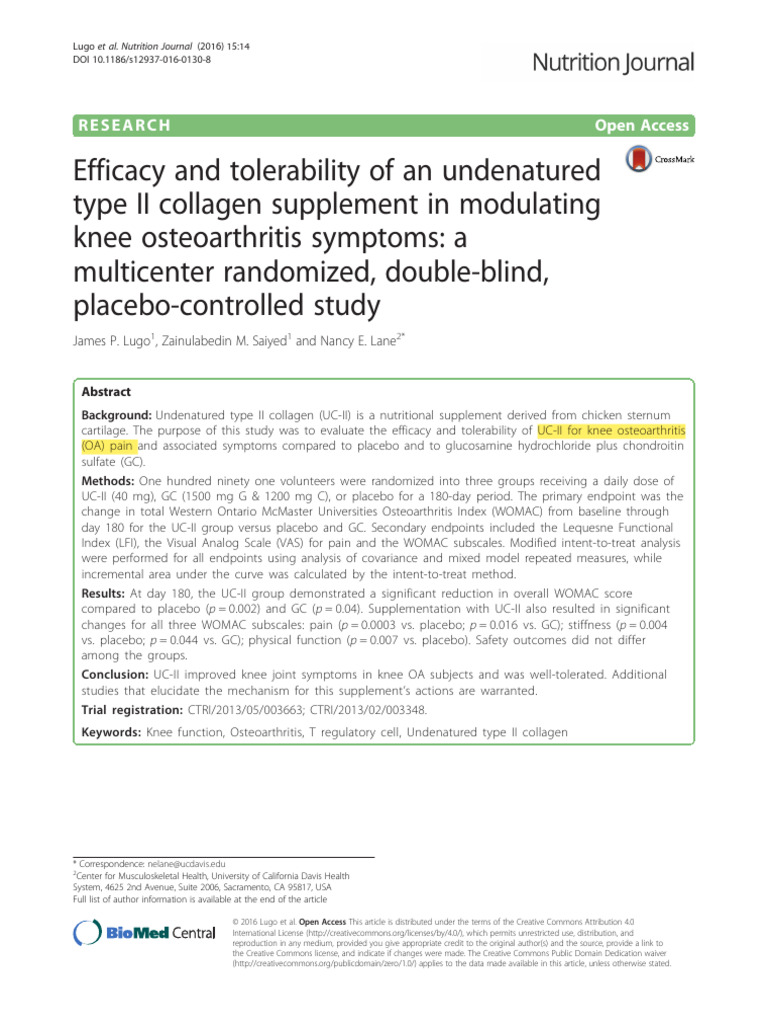 Efficacy and Tolerability of An Undenatured Type II Collagen Supplement ...