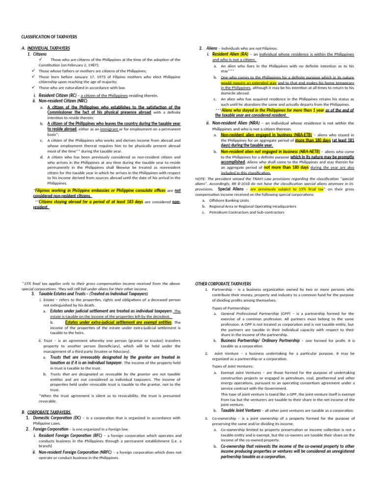Classification of Taxpayers | PDF