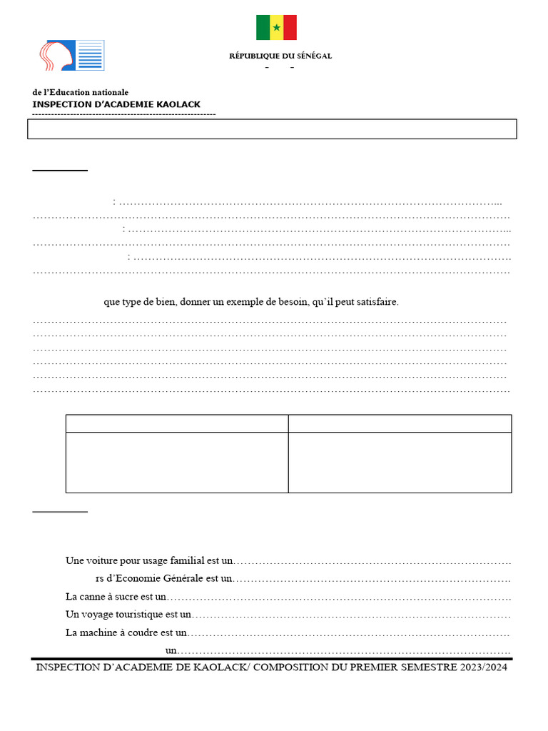 Compo 2nd L Semestre1 (2023-2024) Kaolack | PDF